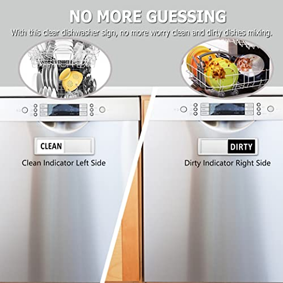 Dishwasher Magnet Clean Dirty Sign, Non-Scratching/Super Strong Soft Magnet with Double-Sided Adhesives/Easy to Read & Slide for Kitchen/Dishwasher/Fridge/Laundry/Washing Machine (Silver & White)