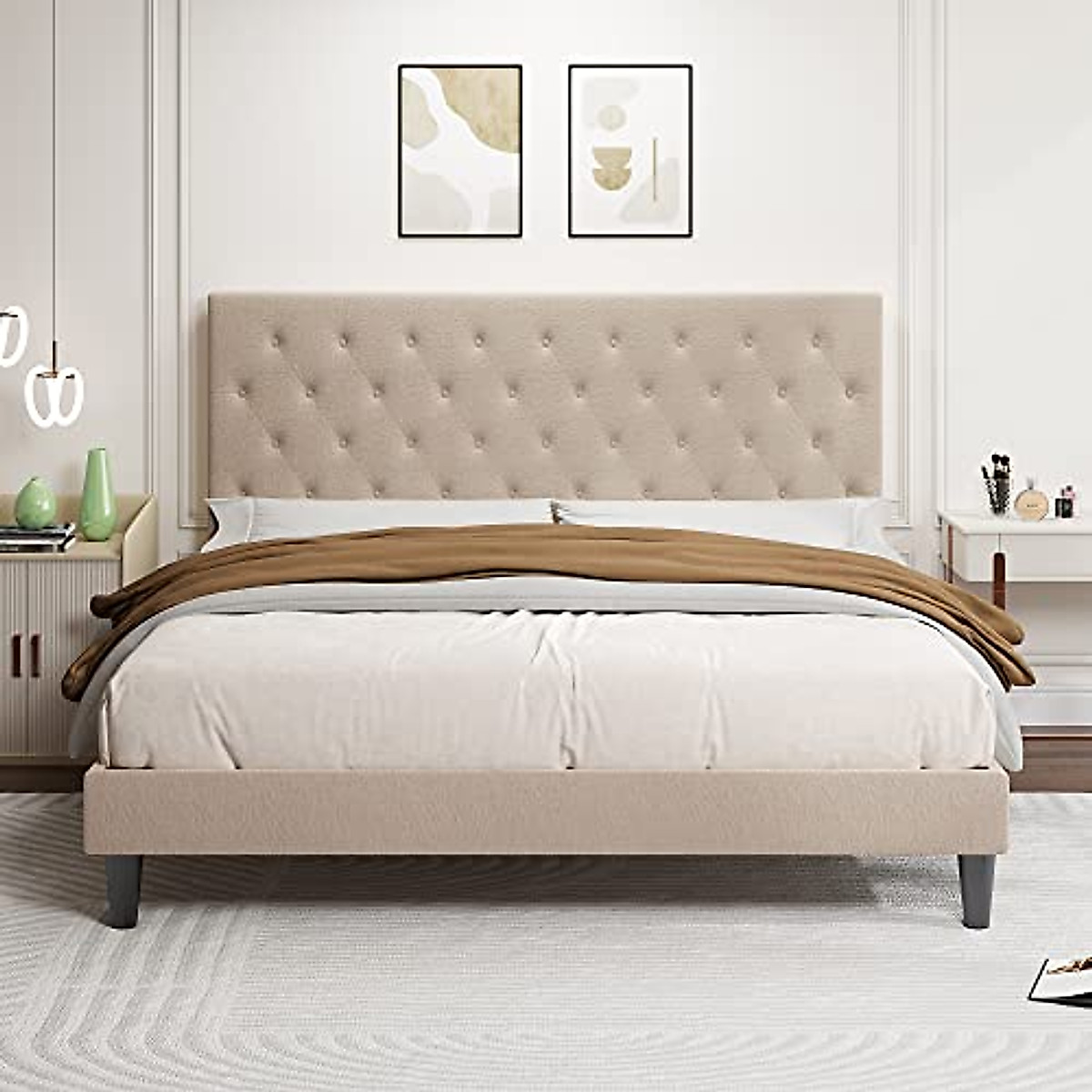 Allewie Queen Bed Frame with Adjustable Headboard/Diamond Stitched Button Tufted/Fabric Upholstered Platform Bed Frame/Wood Slat Support/No Box Spring Needed/Easy Assembly, Beige