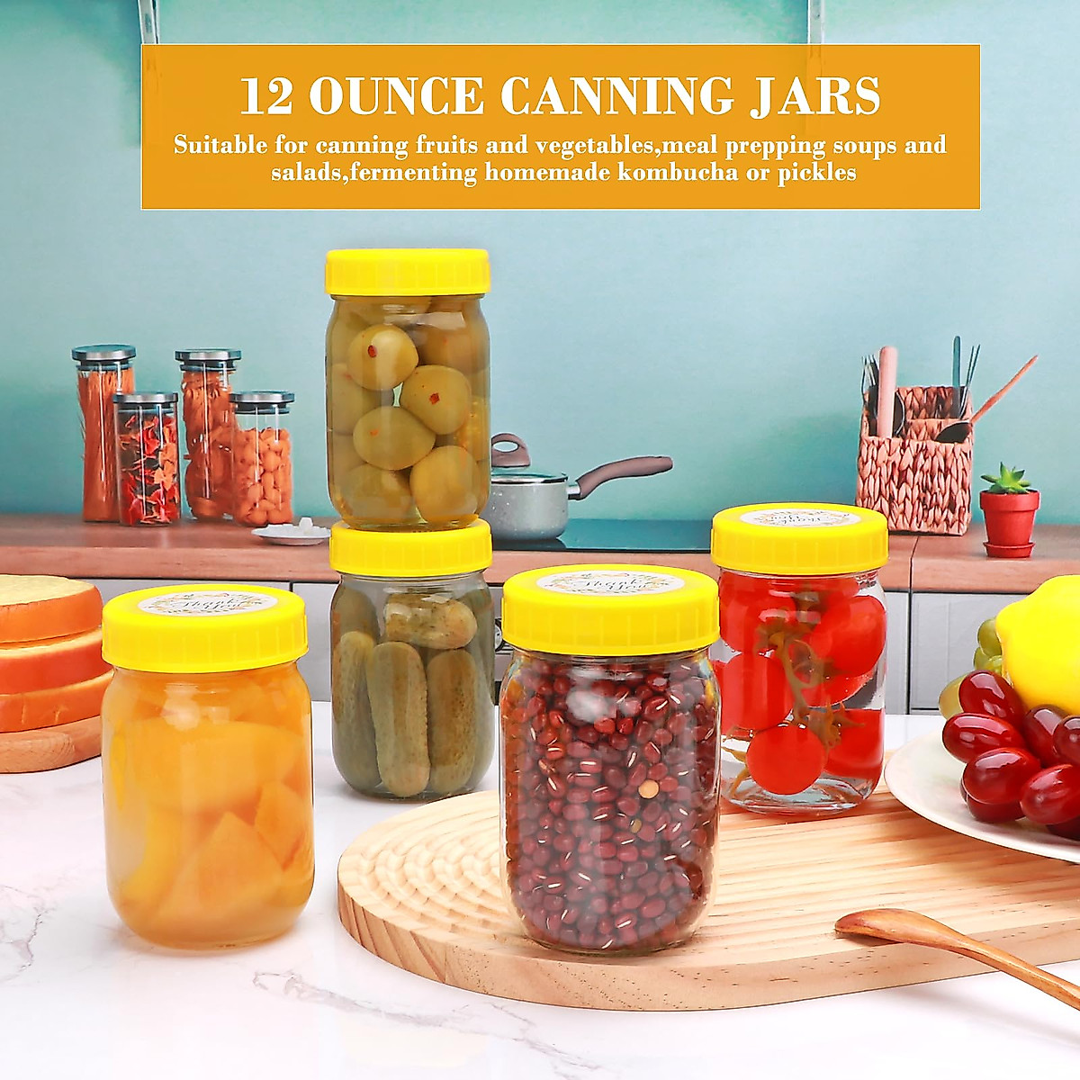 Encheng 12oz Regular Mouth Mason Jars with Lids and Bands,Clear Glass Canning Jars with Metal and Plastic Lids for Preserving,Meal Prep,Food Storage,Jam,Fermenting,Set of 12