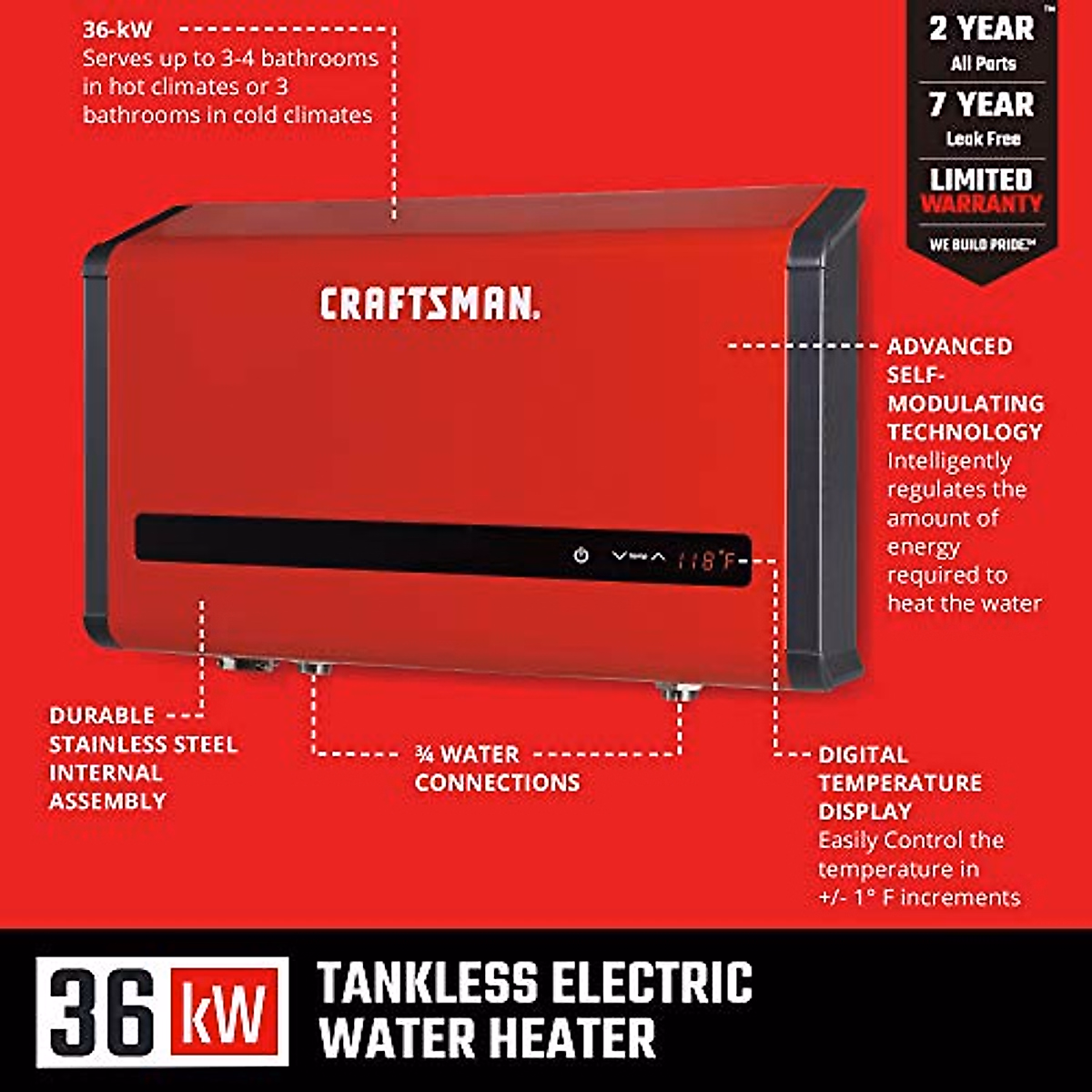 Craftsman CMXTEPA0036 36kW 240-Volt 7.3 GPM Electric Tankless Water Heater, Red