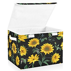 Vnurnrn Collapsible Storage Bins with Lids, Sun Flower Yellow Flowers Foldable Storage Boxes, Storage Box Cube with Lid for Clothes,Bedroom,Toys,16.5x12.6x11.8 Inch