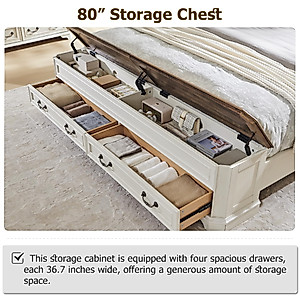 T4TREAM Farmhouse King Bed with Headboard and Storage Bench, Rustic Wood Platform Bed with 80" Storage Chest w/ 4 Large Storage Drawer, Antique White