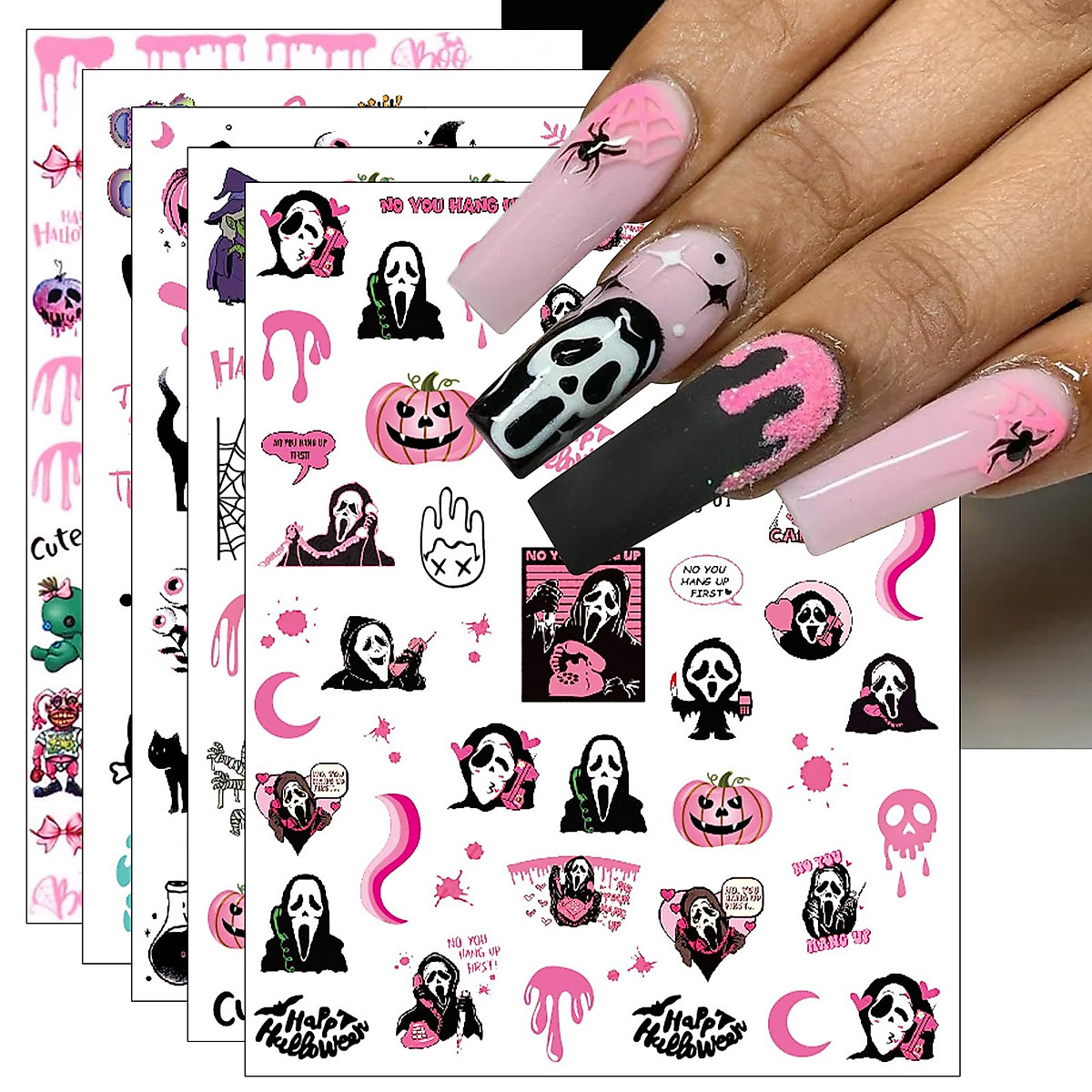JMEOWIO 9 Sheets Pink Halloween Nail Art Stickers Decals Self-Adhesive Pegatinas Uñas Skull Cute Horror Ghost Witchy Spider Web Bat Pumpkin Nail Supplies Nail Art Design Decoration Accessories