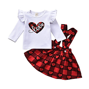 Toddler Baby Girls Valentines Day Outfits Suspender Skirt Striped Plaid Love Heart Clothes (Red, 6-12 Months)