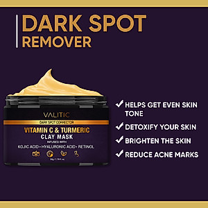 VALITIC Vitamin C & Turmeric Clay Mask - Dark Spot Corrector with Kojic Acid, Hyaluronic Acid & Retinol - Skin Care Routine for Minimizing Pores & Blackheads - with Applicator Brush - 50g