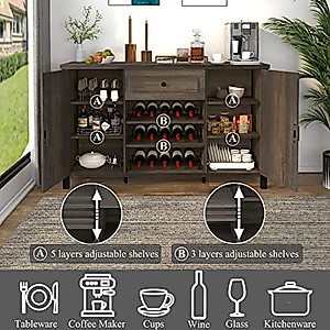 FATORRI Industrial Coffee Bar Cabinet with Wine Rack, Wood Buffet and Sideboard with Storage Cabinet, Rustic Credenza Cupboard for Kitchen Dining Room (55.12 Inch, Walnut Brown)