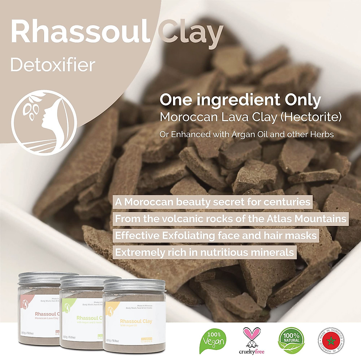 Fatima's Garden Rhassoul Clay - Natural Detox Clay for Skin & Hair, 1Kg