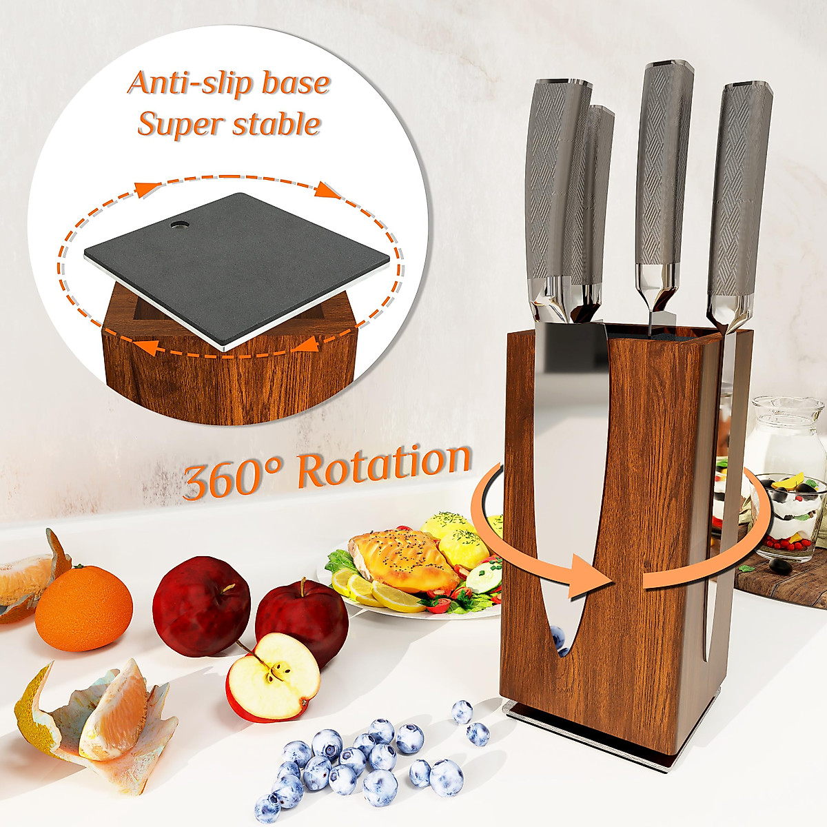 Brosisincorp 360° Rotating Magnetic Knife Block Without Knives - Universal Knife Holder for Counter Top with Removable Bristles, Acacia Wood
