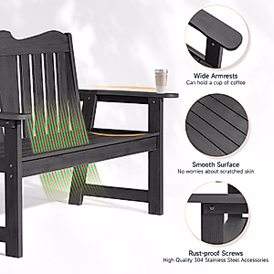 ONBRILL Outdoor Bench, 2-Person Weatherproof Garden Bench with Wide Armrests and Backrest, All-Weather Patio Bench Will not Rot and Fade for Garden, Porch, Backyard and Park, Easy Installation, Black