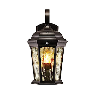 Euri Lighting EFL-130W-MD Flickering Flame Lantern, Water Glass, with Integrated Security Light (3000K), Photocell and Motion-Sensor (Dusk-to-Dawn), Oil Rubbed Bronze Housing (Pack of 2)