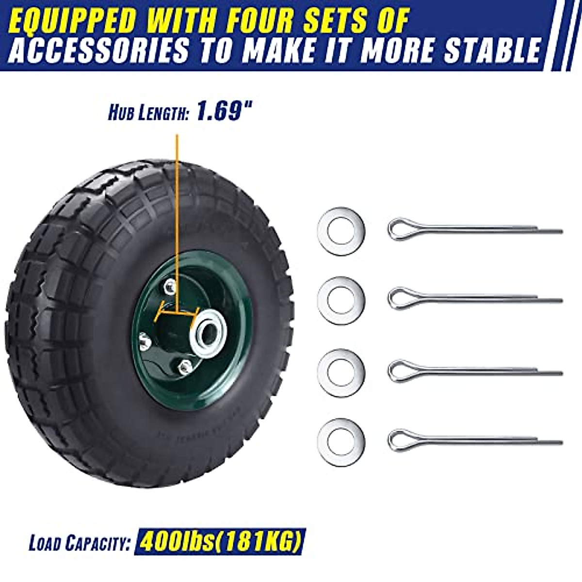 4 Pcs 10" Flat Free Tires Solid Pneumatic Tires Wheels, 4.10/3.50-4 Air Less Tires with 5/8" Center Bearings, for Wheelbarrow/Dolly/Garden Wagon Carts/Hand Truck/Wheel Barrel/Lawn Mower, 4 Pack