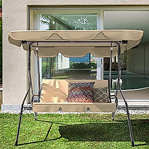 Aoodor Outdoor Patio Porch Swing with Adjustable Canopy, Weather Resistant Glider with Removable Cushions, 3 Seater - Brown