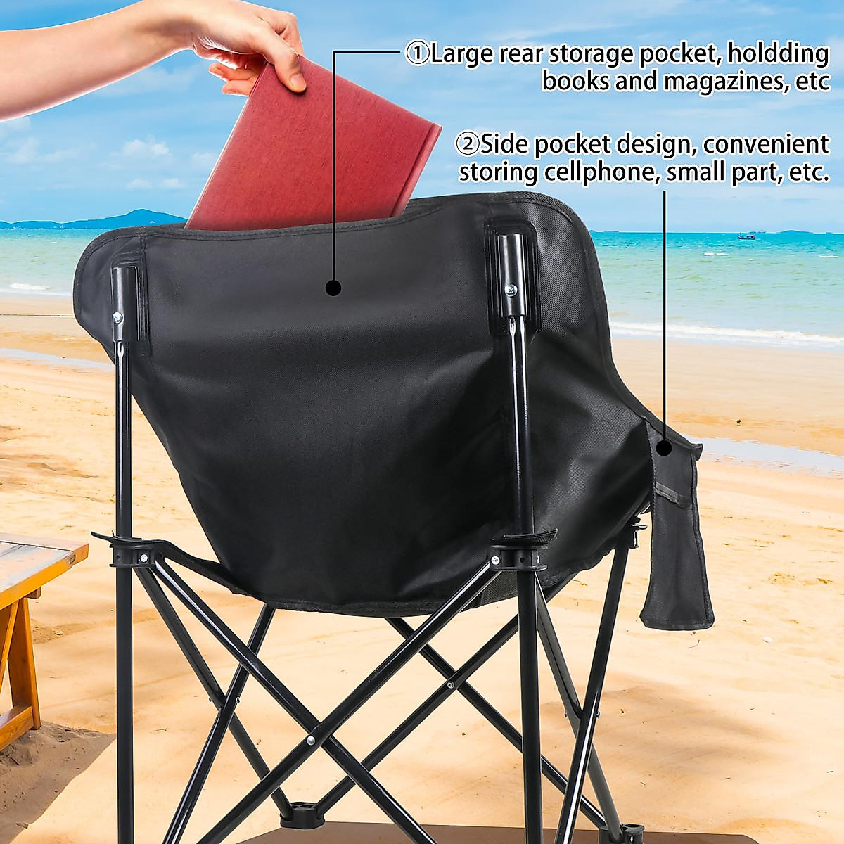 Portable Folding Camping Chair for Outside, Lightweight Outdoor Chairs Support 440lbs for Backyard Lawn Beach Camp Chairs, Black