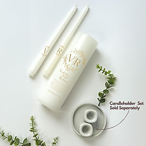 Unity Candles for Wedding, Unity Set, Custom and Personalized Pillar and Taper Candles with Bible Quote, Unscented White Premium Wax, Religious and Wedding Ceremony, Special Events (Goldie)