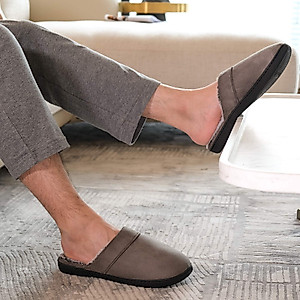 DL Memory Foam Slippers with Fuzzy Plush Lining, Slip-On House Slippers for Men & Women, Anti-Skid Rubber Sole, Indoor/Outdoor, Grey, 9-10