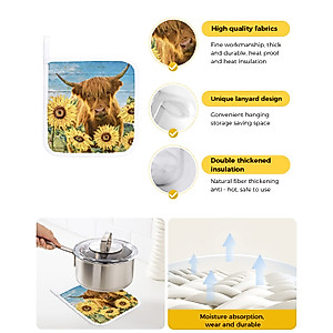 2 Pack Pot Holders for Kitchen Farm Scottish Highland Cow Yellow Sunflower Heat Proof Potholder Hot Pads Trivet,Vintage Farmhouse Wood Board Washable Coaster Potholders for Cooking Baking Grilling