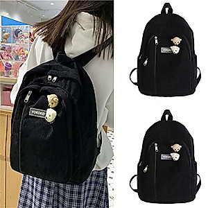 MBVBN Corduroy School Backpack, Casual Travel Laptop Backpack, Cute Student Bookbag for Girls Women, Bear Black