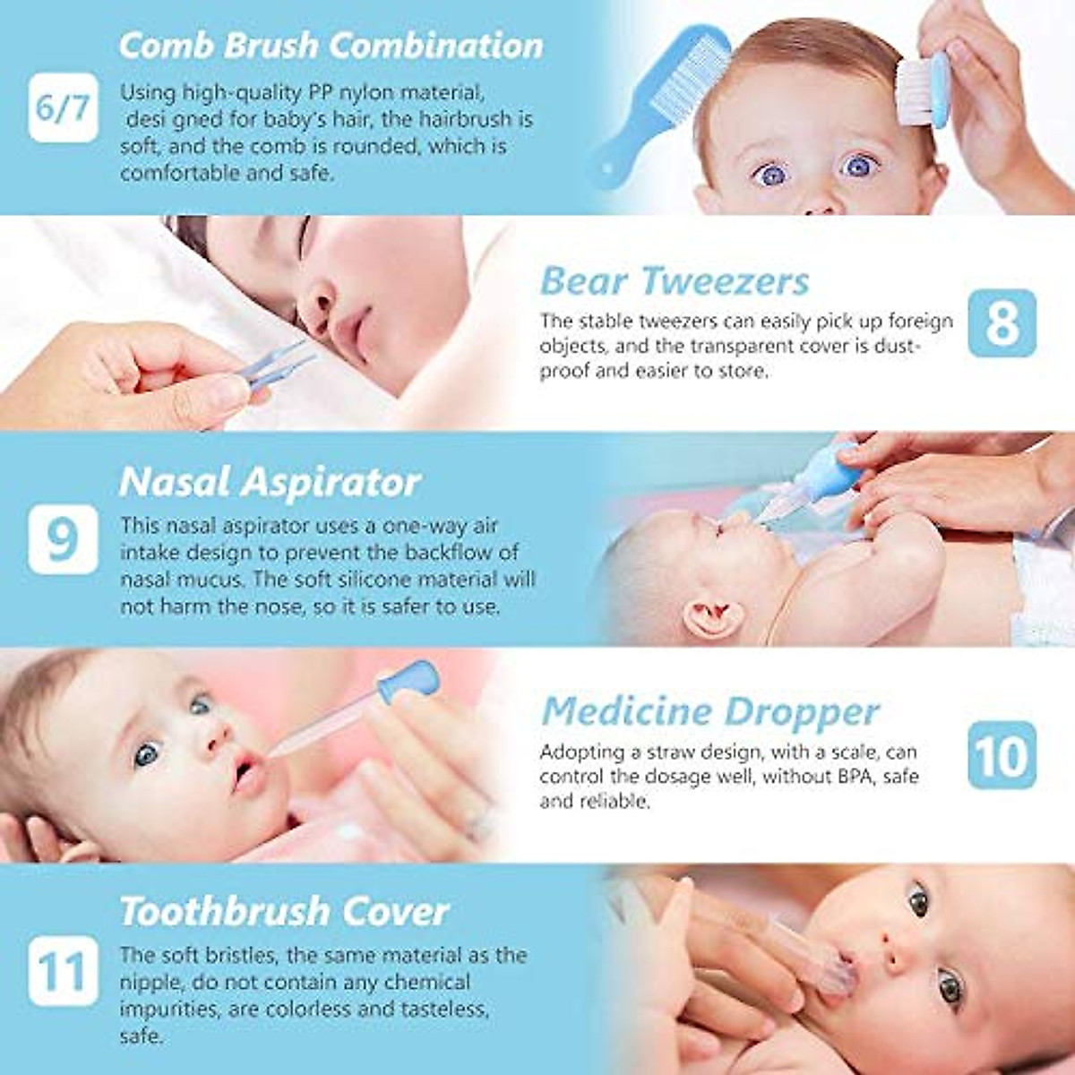 Baby Grooming Kit, Portable Baby Safety Care Set with Hair Brush Comb Nail Clipper Nasal Aspirator etc for Nursery Newborn Toddlers Infant Girl Boys Keep Clean (11 in 1 Blue)