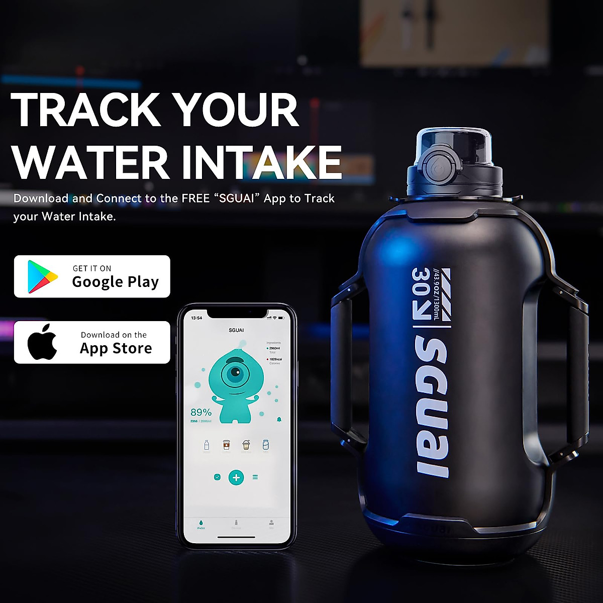 SGUAI Smart Water Bottle, 44oz Smart Sports Gallon Water Bottle, Tracks Water Intake with Bluetooth, LED Glow Reminder, BPA Free Tritan Bottle for Fitness Gym Outdoor, Straw Lid, 1.3L