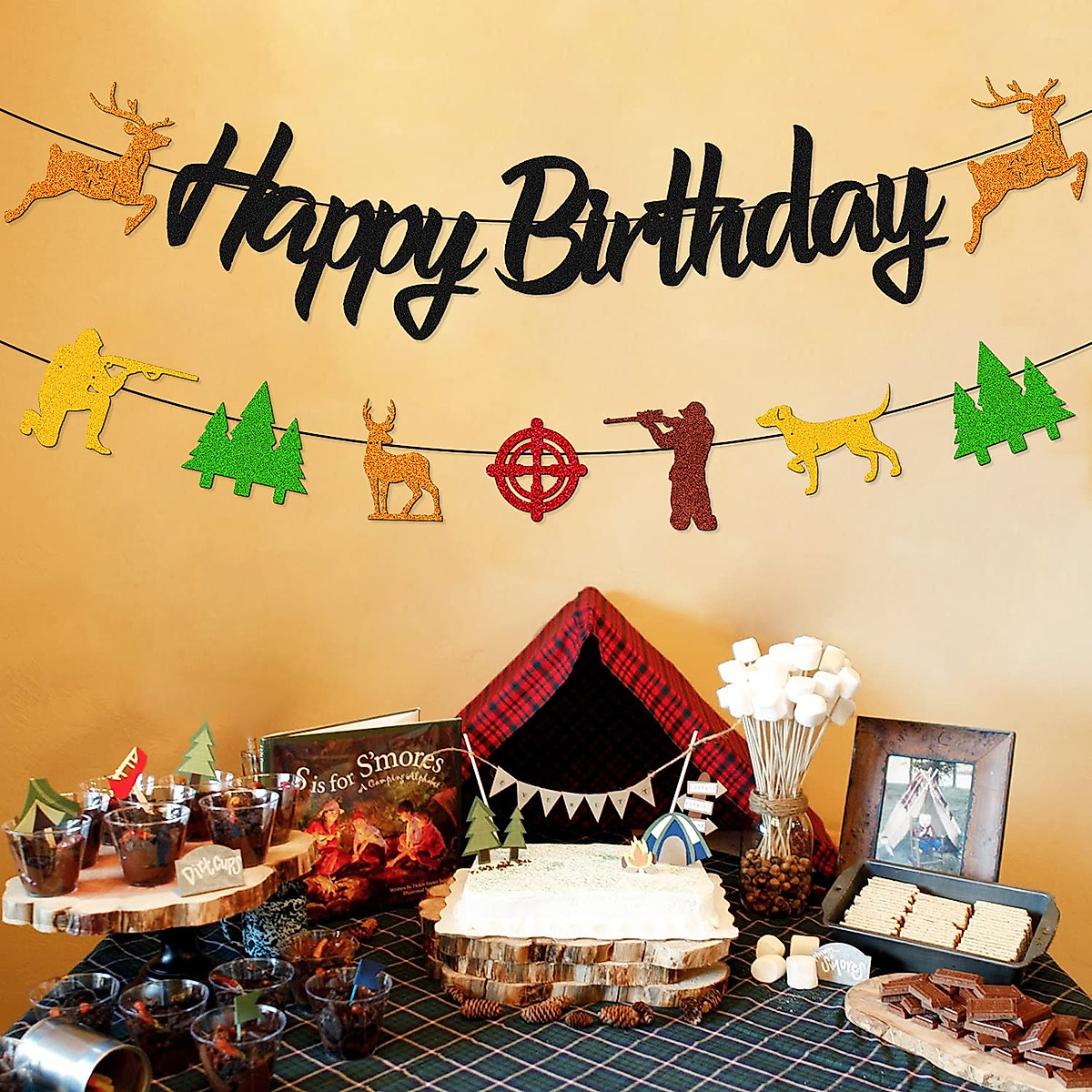 Ohiviaaa Deer Hunting Banner Gone Hunting Hunter Camping Themed for Kids Boy Girl Men Happy Birthday Party Supplies Black Glitter Decorations