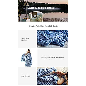 EASTSURE Chunky Knit Blanket Bulky Throw Merino Wool Hand Made Bed Sofa Throw Super Large,Sky Blue,40"x59"