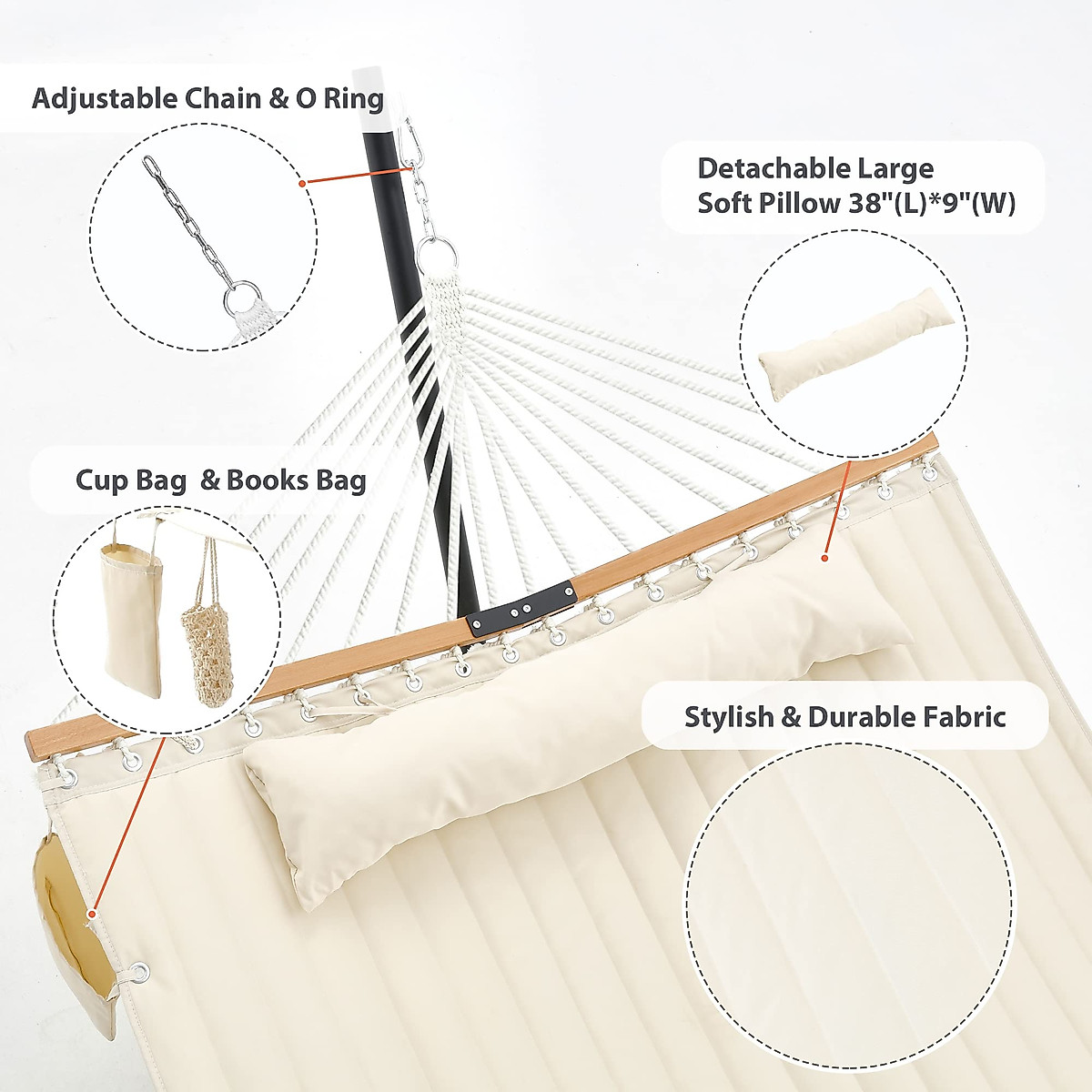 Homgava Two Person Hammock with Stand Heavy Duty, Outdoor Patio Hammock with Portable Steel Stand, Large Double Hammocks,480lbs Capacity.(Off White)