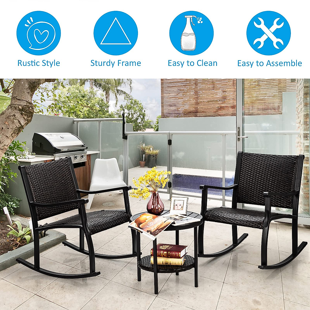 RELAX4LIFE 3-Piece Rocking Bistro Set - PE Wicker Outdoor Rocking Chair Furniture Set w/Side Table and Extra Storage Shelf, Patio Conversation Set for Porch, Balcony Deck