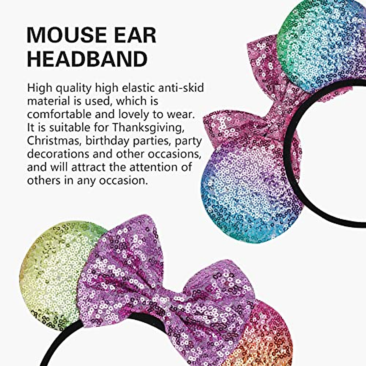 Makone Mouse Ears Headbands, Rainbow Sparkle Mouse Ears, Sequin Minnie Ears, Purple Bows Hairs Accessories, Party Princess Cosplay for Baby Girls & Women