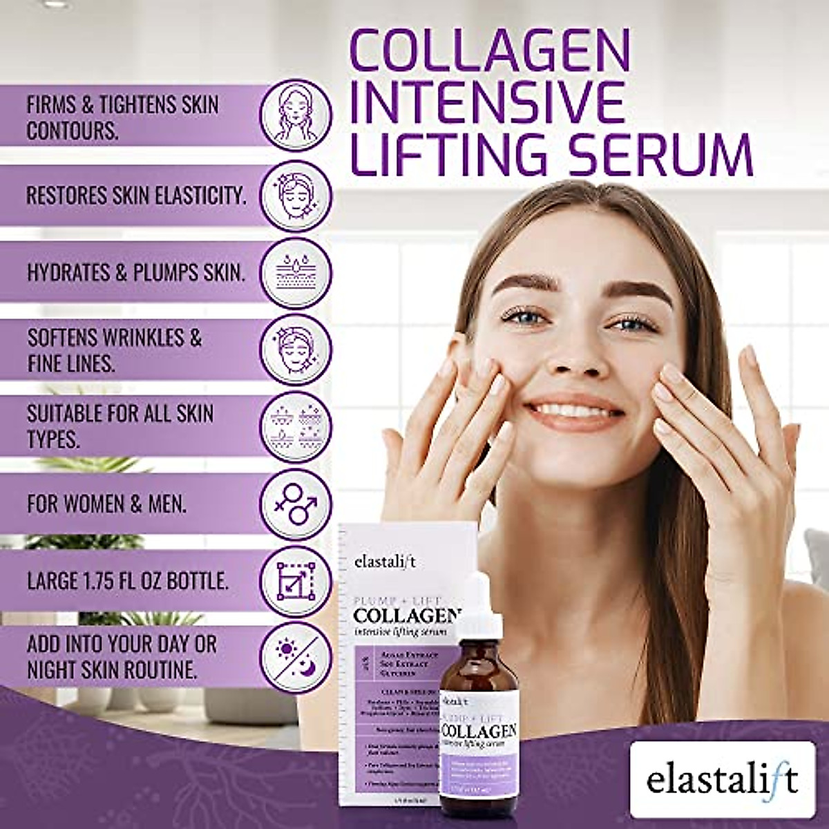 Elastalift Collagen Facial Serum Lifting, Plumping, & Firming Collagen Serum For Face Improves Elasticity, Evens Skin Tone, Plumps, & Lifts Sagging Skin, Non-Greasy Wrinkle Serum (1.75 Fl Oz)