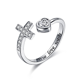 APOTIE 925 Sterling Silver Cross Ring - True Love Wait Purity Ring Cubic Zirconia Adjustable Ring Jewelry Gift for Women