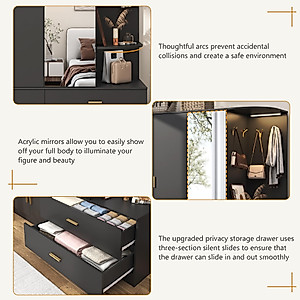 XVD Armoire Wardrobe Closet with Mirror and Sensor Light, Bedroom Armoire with 5 Doors 2 Drawers, Modern Wooden Large Wardrobe Closet with Shelves, 4 Hooks, 2 Hanging Rods, Open Space, Black