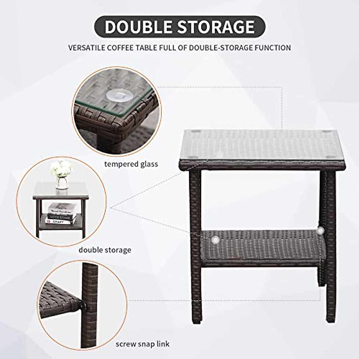 Outdoor PE Wicker Rocking Chair 3-Piece Patio Rattan Bistro Set 2 Rocker Armchair and Glass Coffee Side Table Furniture Washable Lacing Khaki Cushions