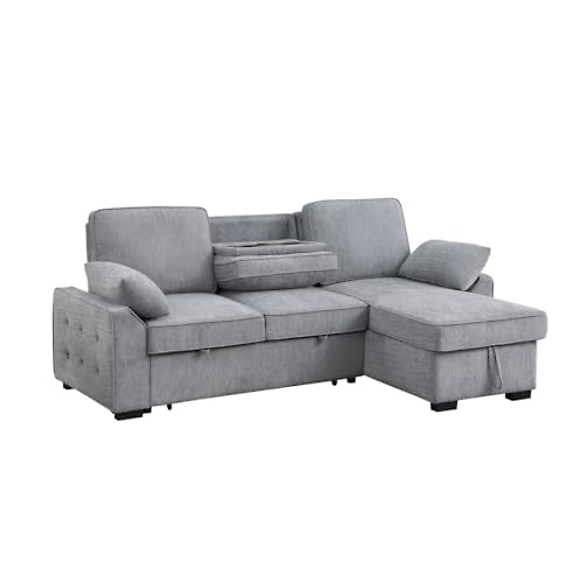 Lilola Home Mackenzie Light Gray Chenille Fabric Sleeper Sectional with Right-Facing Storage Chaise, Drop-Down Table, Cup Holders and Charging Ports
