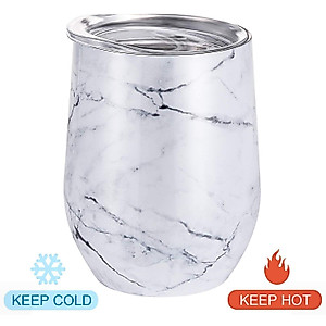 D&G 2 Pack 12 Oz Unbreakable Triple-Insulated Stemless Wine Tumbler, Stainless Steel Wine Glass Cup with Lids, Drink-Ware Glasses for Wine, Coffee, Champagne, Cocktails and Beer (Marbling)