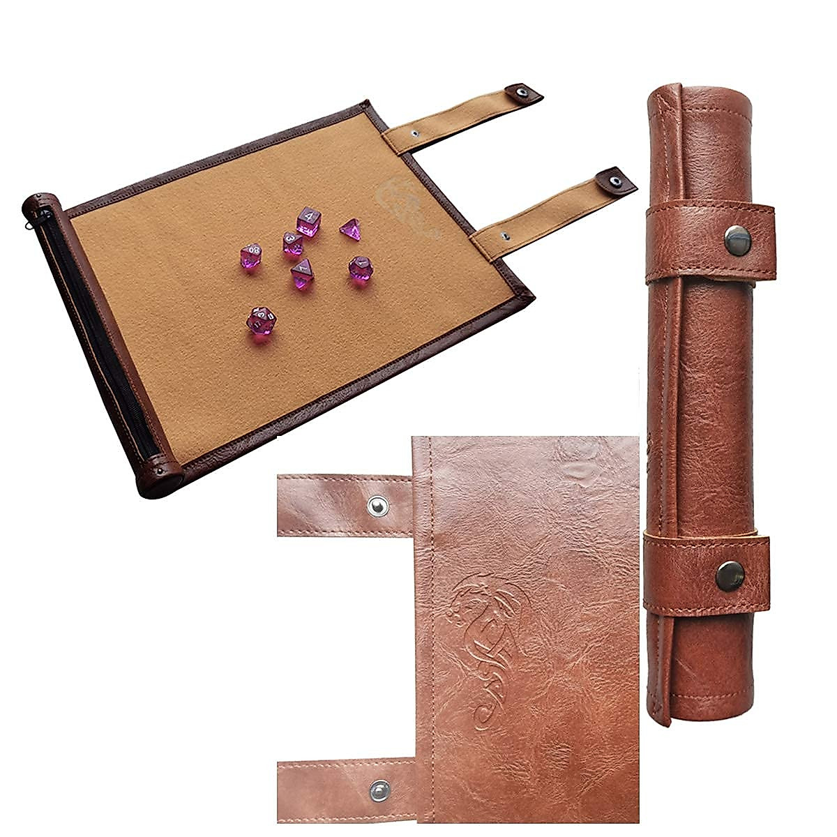 Scroll Dice Tray DIce mat Holder Storage Pouch Rolling Mat DND D and D Dungeons & Dragons Game Dice with Zippered Holds up to 14 Metal Plastic Polyhedral Dice Accessories (Brown)