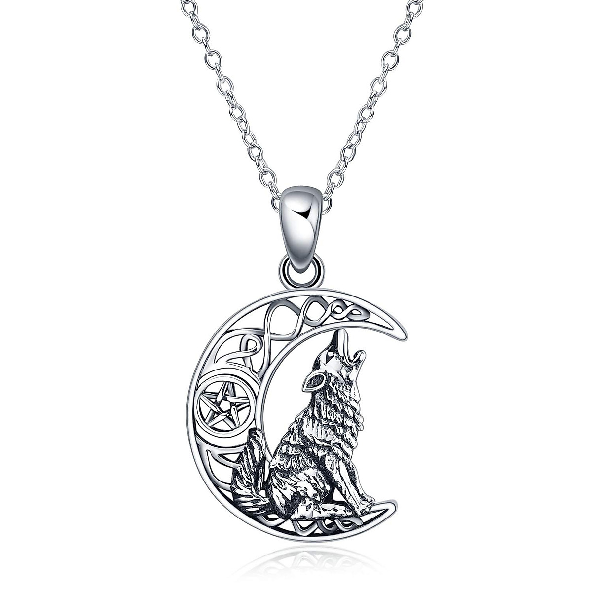 POPKIMI Sterling Silver Wolf Jewelry Howling Wolf Pendant Necklace for Men for Women, 18"+2" (Style-1)