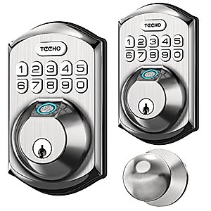 Fingerprint Door Lock Set - TEEHO Keyless Entry Door Lock with Handle - Door Knob with Keypad Deadbolt - Smart Locks for Front Door - Auto Lock - No Need App - Easy Installation - Satin Nickel