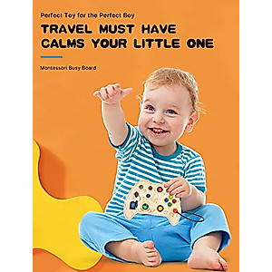 HOOLYUK Montessori Busy Board Toy for 1 2 3 Year Old Boy, Wooden Controller Sensory Toy for Autistic Children with LED Light Up Buttons, Early Learning Fidget Toy Great for Gift