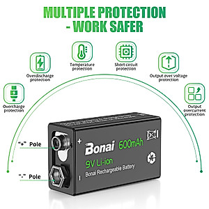 BONAI Rechargeable 9V Batteries 600mAh High Capacity 9V Rechargeable Batteries,(4 Pack) 9 Volt Lithium Batteries for Smoke Alarms Metal Detector etc - Long-Lasting & Economical