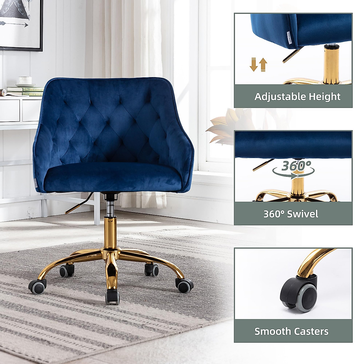 KUIKUI Velvet Desk Chair, Modern Office Chair, Wheels Swivel Height Adjustable Swivel Task Chair for Home Office,Navy Blue