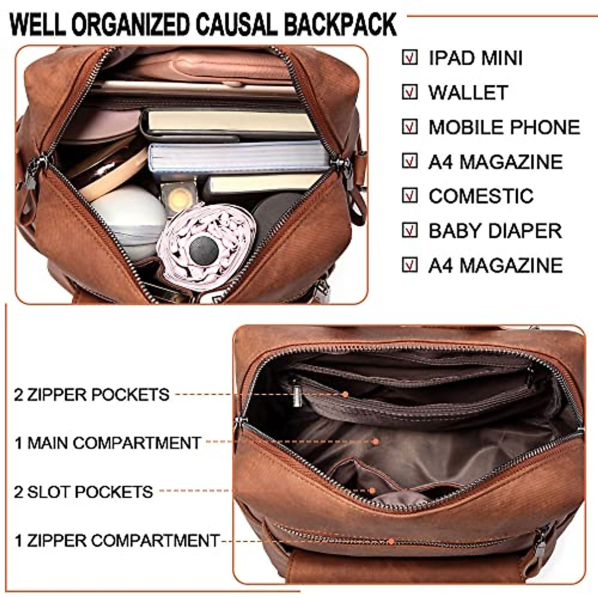 LAFRIOUS Mini Backpack Purse, PU Leather Convertible Women Travel Daypack Multipurpose Design Handbag Anti-theft Shoulder Bag with Detachable Shoulder Strap Brown