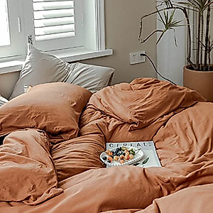 AMWAN Jersey Knit Cotton Duvet Cover Set Solid Pumpkin Color, Luxury Soft Comforter Cover Queen Size 3 Piece Bedding Set 1 Duvet Cover 2 Pillowcases Full Set