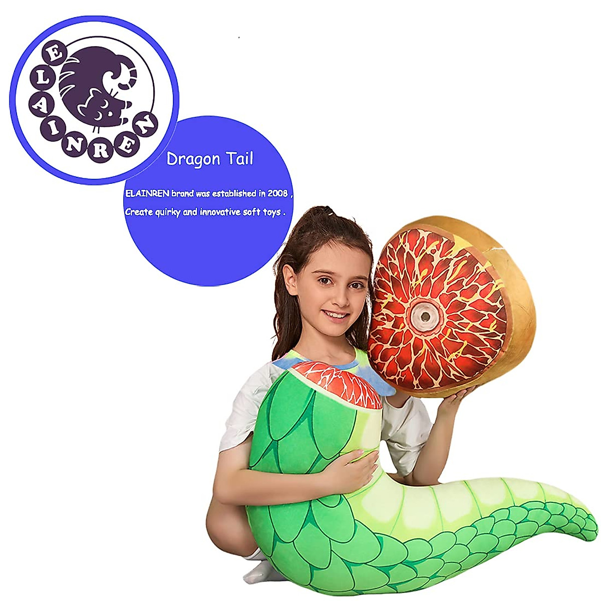 ELAINREN Fluffy Dinosaur Tail Shape Plush Neck Pillow Soft Dragon Tails Stuffed Body Pillow Cartoon Green Dino Tail Plushie Cushion Decor/23.6''