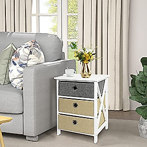 Nightstands Set of 2, with 3 Drawers, Wood Nightstand, Contrasting Colors Fabric Drawers, Easy Assembly Bedside Tables for Bedroom, College Dorm, Sturdy WhiteWood Frame, Wood Top, Easy Pull Handle.