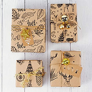 RUSPEPA Christmas Wrapping Paper - Brown Kraft Paper with Black Christmas Elements Print Paper - 4 Roll-30Inch X 10Feet Per Roll