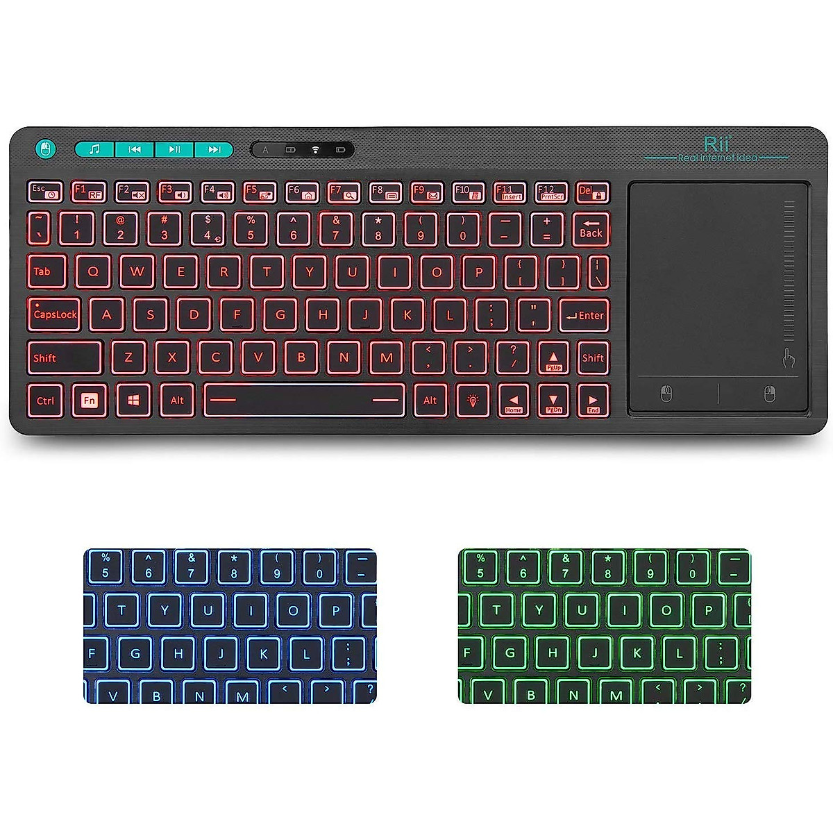 Rii K18 Plus Wireless 3-LED Color Backlit Multimedia Keyboard with Multi-Touch Big Size Trackpad,Rechargable Keyboard for Android TV Box,PC,Smart TV,Xbox,Raspberry Pi, HTPC IPTV,Windows, MacOS (2.4G)