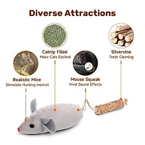Potaroma Cat Toys 3Pcs Squeak Mice, Interactive Catnip Silvervine Animals Toys for Indoor Kittens, Dental Matatabi Cat Nip Chirping Toy, Cat Chew Exercise Toy for All Breeds and Species