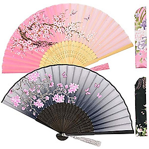 Zolee 2 PCS Small Folding Hand Fans for Women - Chinese Japanese Vintage Bamboo Silk Fans - for Dance, Performance, Decoration, Wedding, Party，Gift (Gray & Pink Sakura)