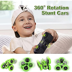 Remote Control Car, RC Cars Stunt Car Toy, 4WD 2.4Ghz Double Sided 360° Rotating RC Car with Headlights, Kids Xmas Toy Cars for Boys/Girls (Green) (Green)
