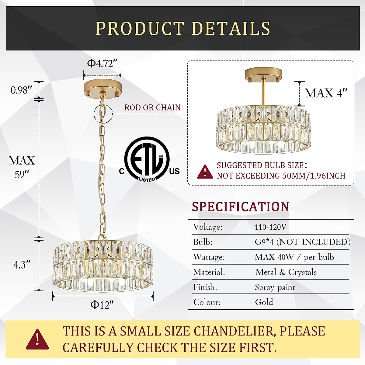 CATINER Gold Crystal Chandeliers, Modern Semi Flush Mount Chandelier 4-Ligh Drum Crystal Ceiling Pendant Light Fixture 12” for Foyer Entryway Kitchen Hallway Dining Room